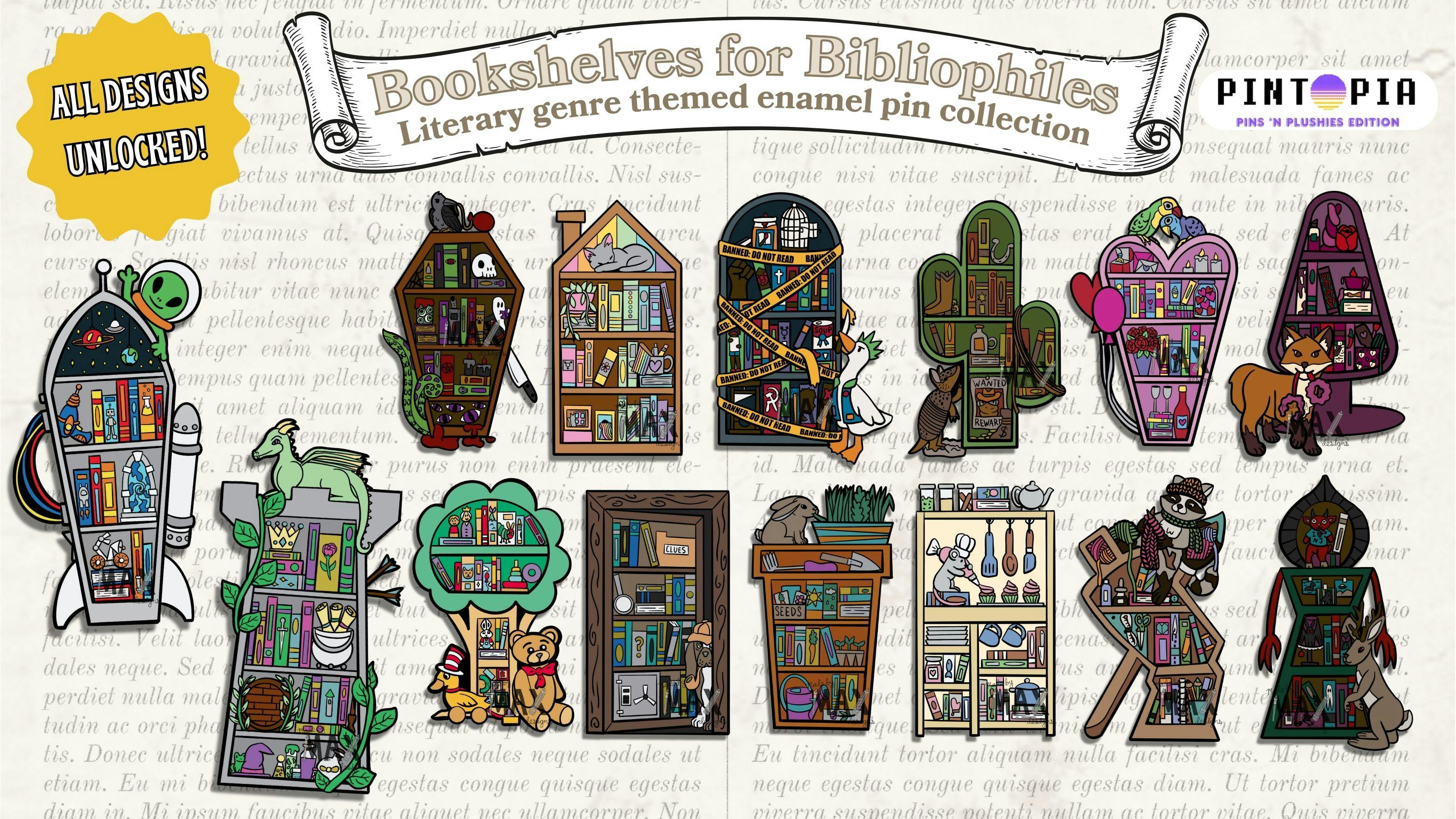 Bookshelves for Bibliophiles | Literary Genre Themed Enamel Pin Collection - BackerKit